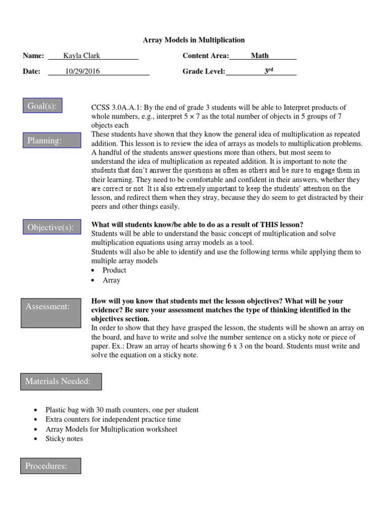 Lesson Plan 1 Array Models For Multiplication | PDF | Educational ...