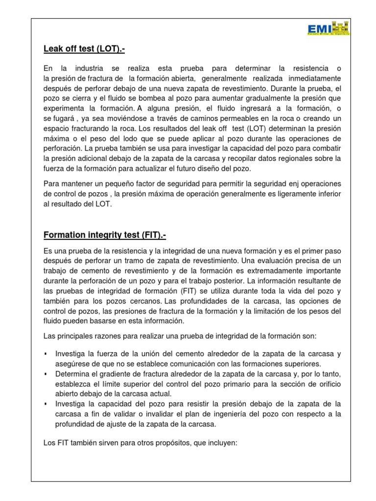 Pruebas LOT y FIT en perforación de pozos | PDF | Presión | Science
