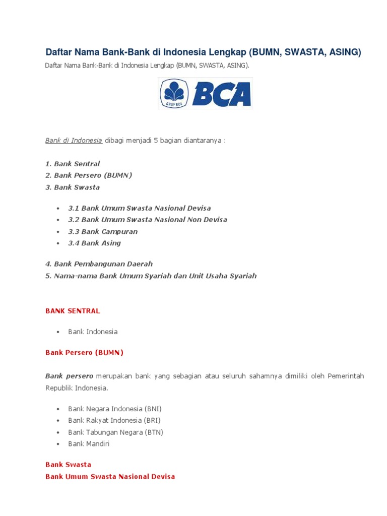 Daftar Nama Bank Di Indonesia | PDF