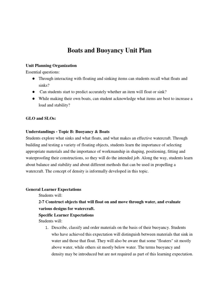 Boats and Buoyancy Unit Plan 1 | PDF | Buoyancy | Educational Assessment