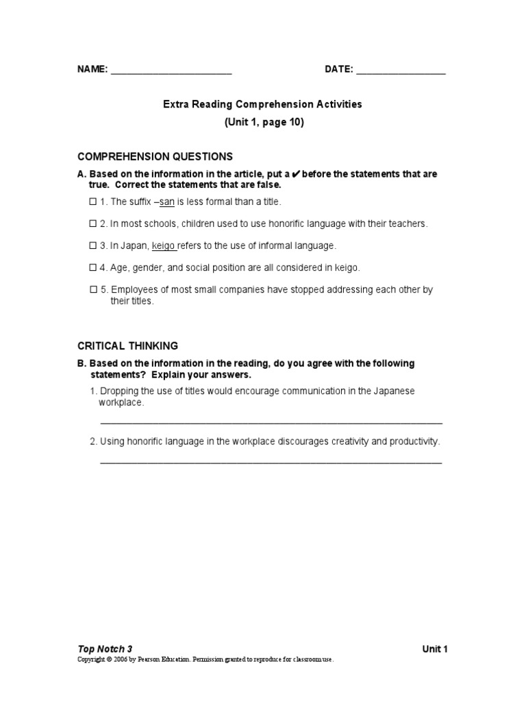 Extra Reading Comprehension Activities (Unit 1, Page 10) Comprehension ...