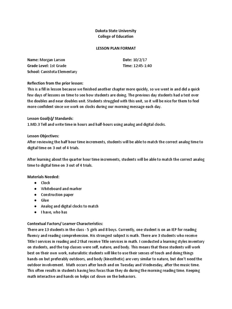 Telling Time Math Lesson Plan | PDF | Clock | Lesson Plan