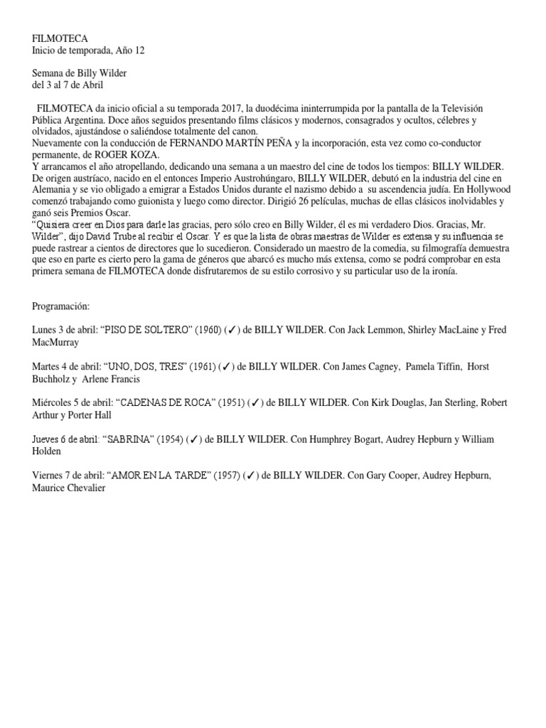 Filmoteca Programación Completa 2017 | PDF | Entretenimiento (general) | Cine