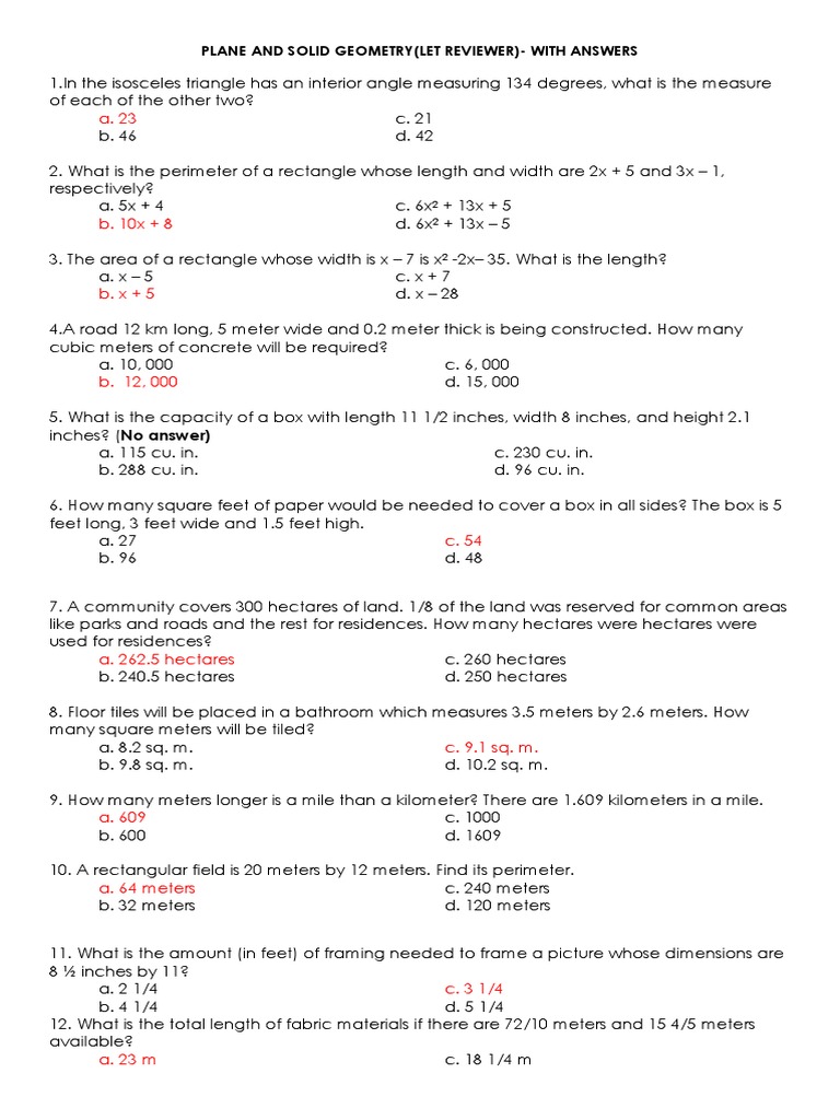 PLANE AND SOLID GEOMETRY REVIEW WITH ANSWERS | PDF | Area | Rectangle