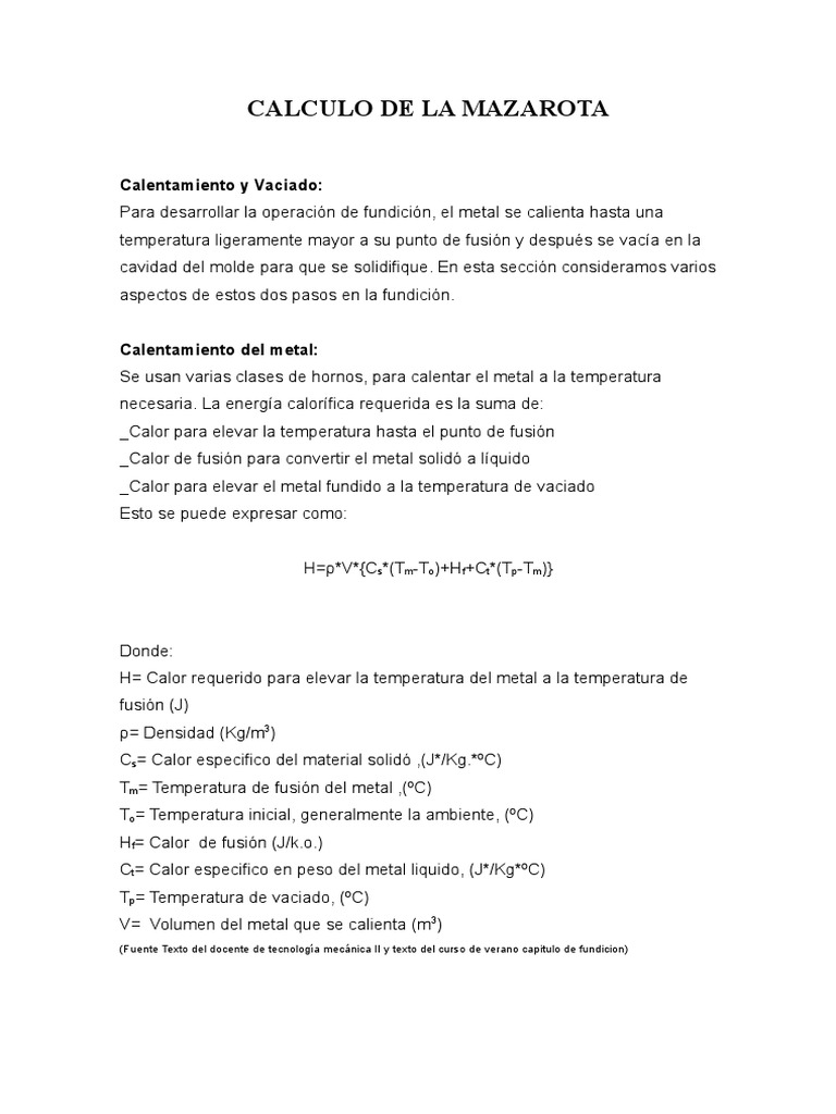 Cálculo de Mazarota en Fundición | PDF | Calor | Temperatura