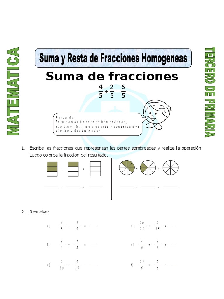 Ficha Suma y Resta de Fracciones Homogeneas para Tercero de Primaria ...