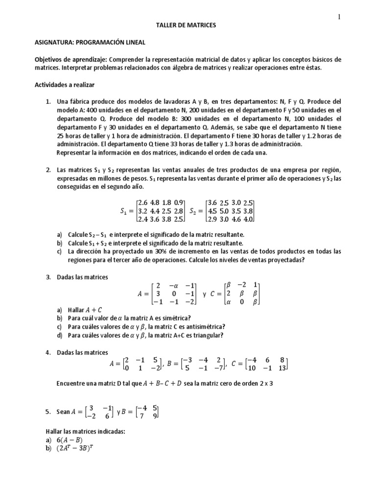Taller Matrices | PDF | Matriz (Matemáticas) | Pinturas