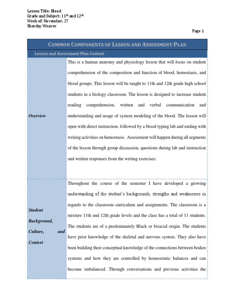 Blood Lesson Planning and Assessment | PDF | Reading Comprehension ...