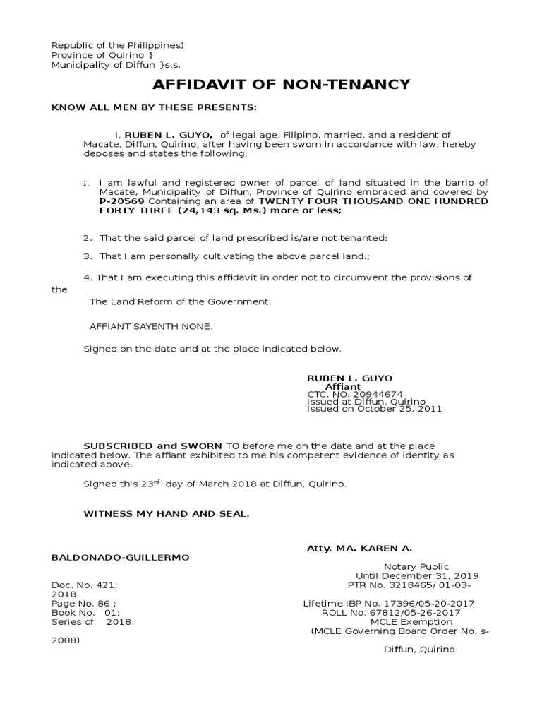 Affidavit of Non-Tenancy for Land Owned by Ruben L. Guyo | PDF ...