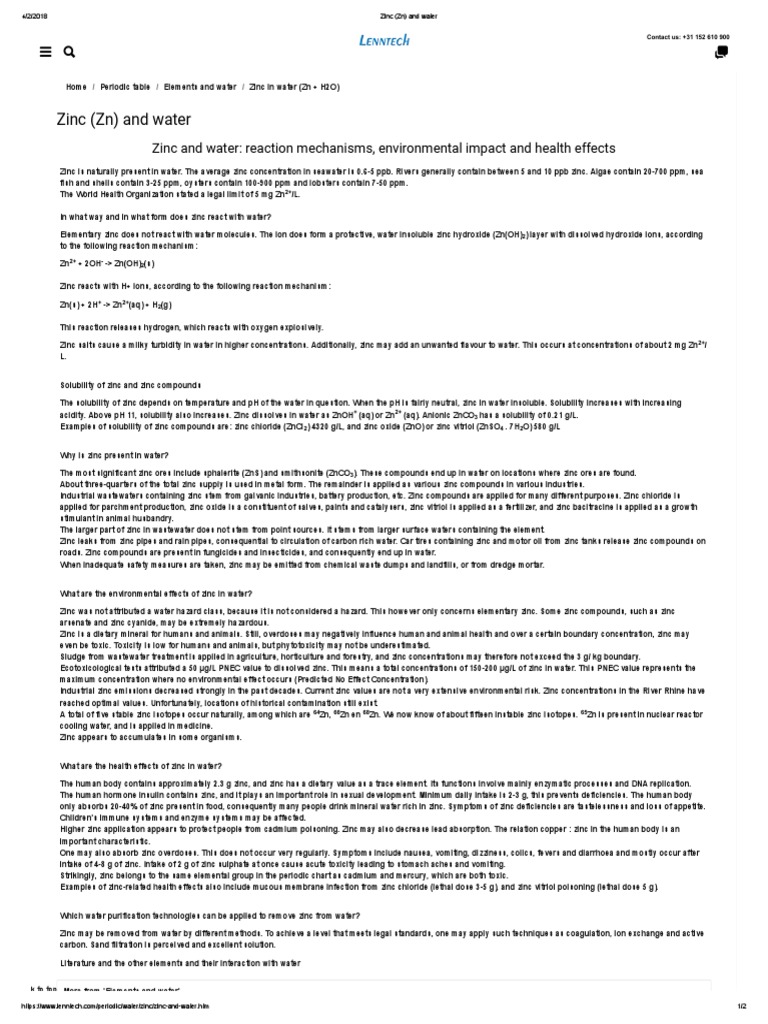 Zinc (ZN) and Water | PDF | Zinc | Solubility