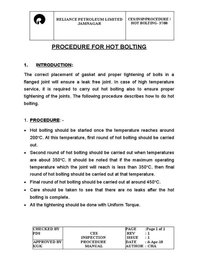 Hot Bolting Procedure Overview | PDF