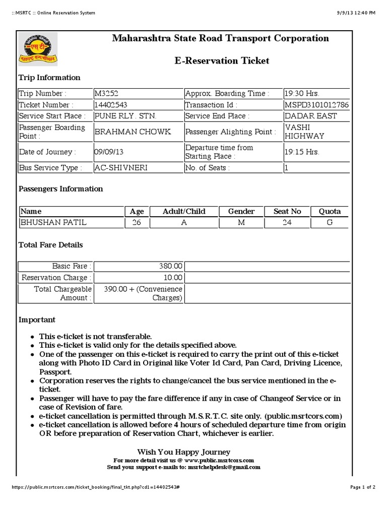 MSRTC - Online Reservation System | PDF | Fare | Identity Document