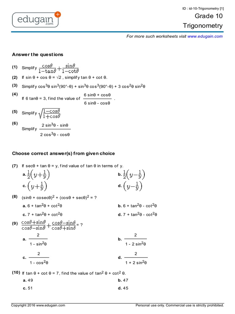 Grade 10 Trigonometry Id | PDF | Trigonometric Functions | Elementary ...