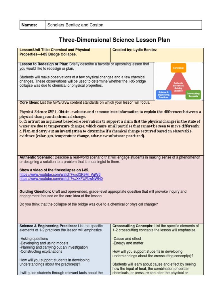 Three-Dimensional Science Lesson Plan: Scholars Benitez and Coston ...