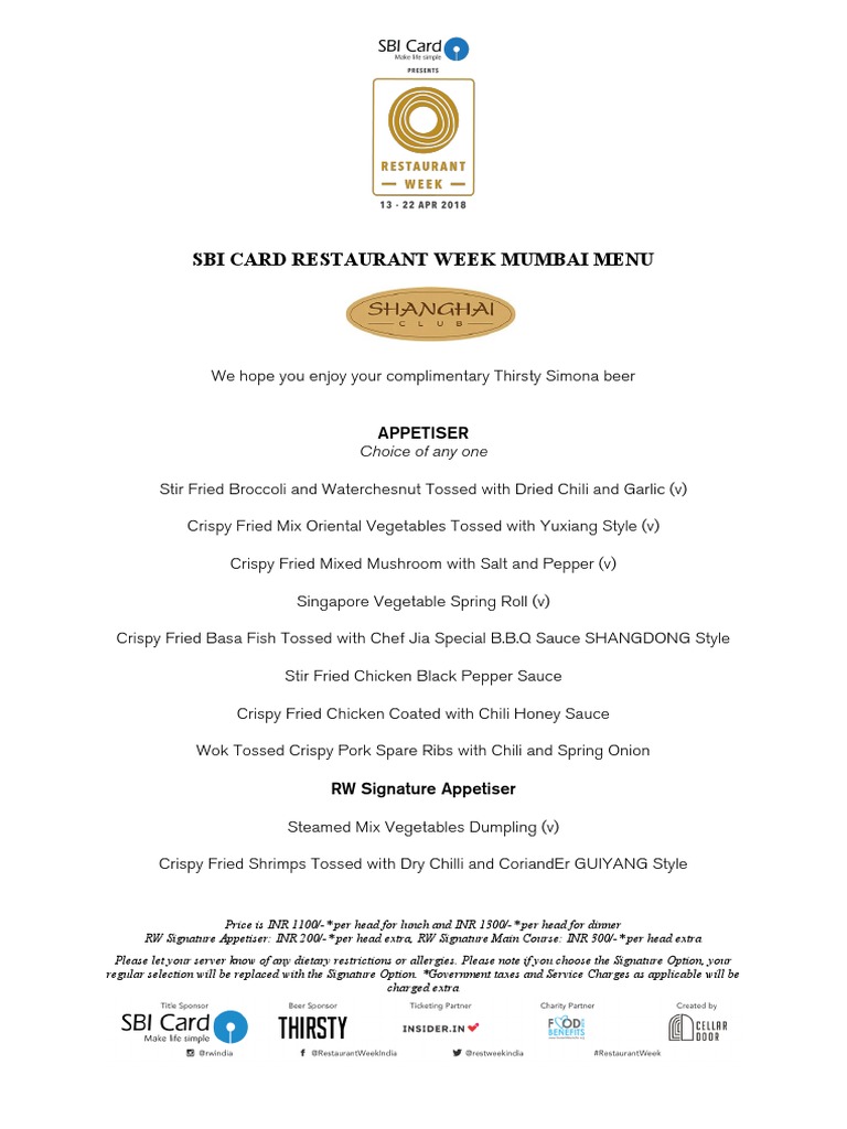 RWA2018 - MUM - Shanghai Club Menu | PDF | Stir Frying | Chinese Cuisine