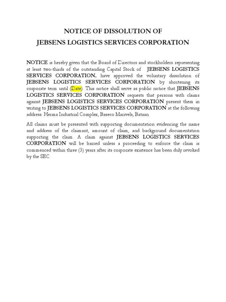 Notice of Dissolution (Draft) | PDF