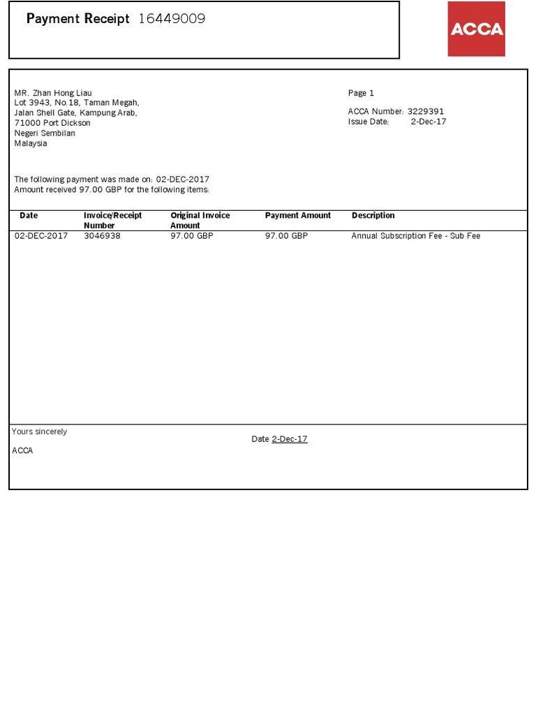 ACCA Annual Sub Receipt | PDF