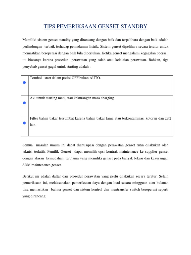 Tips Pemeriksaan Genset Standby | PDF