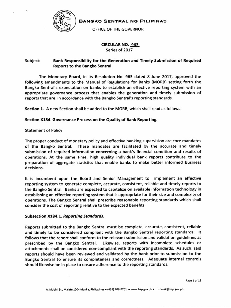 BSP Circular 2017-963 - Bank Responsibility On Timely Submission of ...