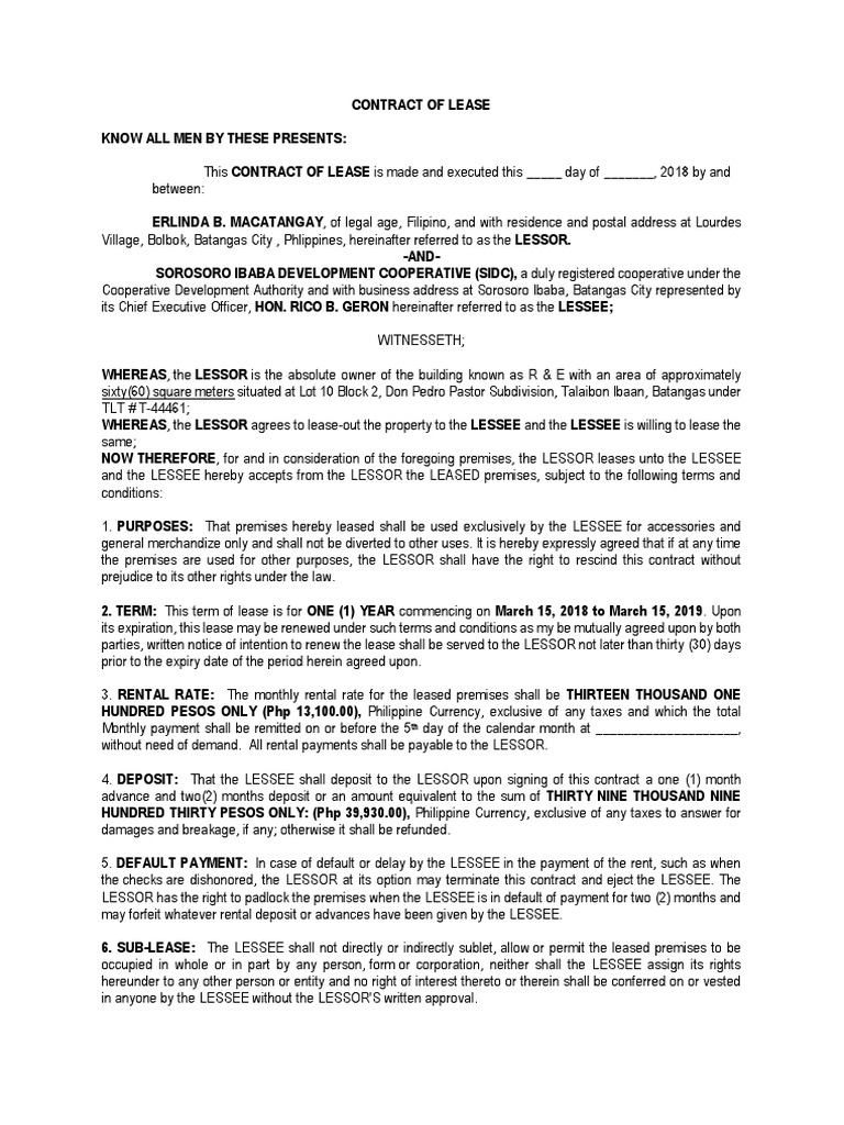 CONTRACT of LEASE | Lease | Common Law