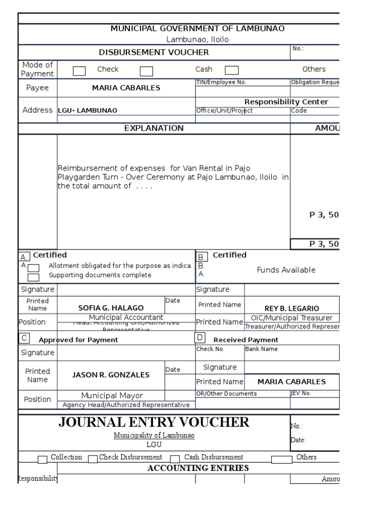 Journal Entry Voucher: Municipal Government of Lambunao Disbursement Voucher | PDF | Cheque ...