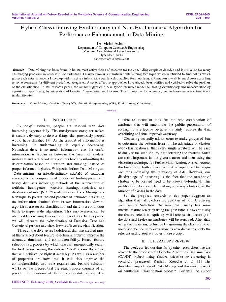 Hybrid Classifier Using Evolutionary and Non-Evolutionary Algorithm For Performance Enhancement ...