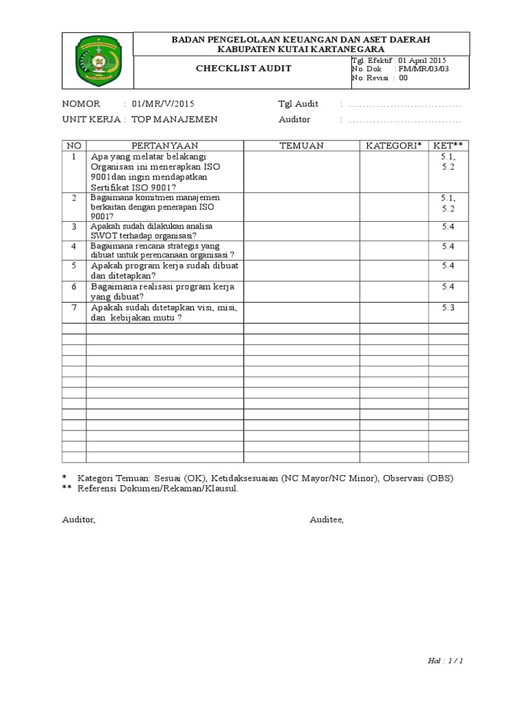 FM MR 03 03 Checklist Audit 01. Top Manajemen | PDF