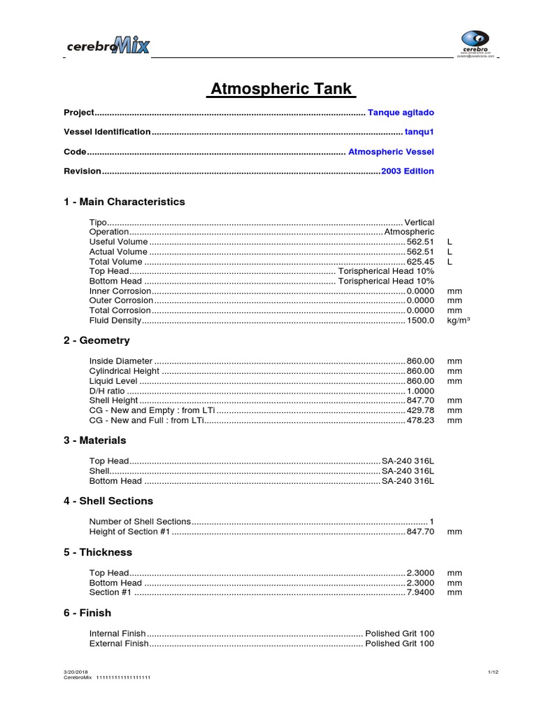 CerebroMix Atmospheric Tank Specs | PDF | Density | Volume