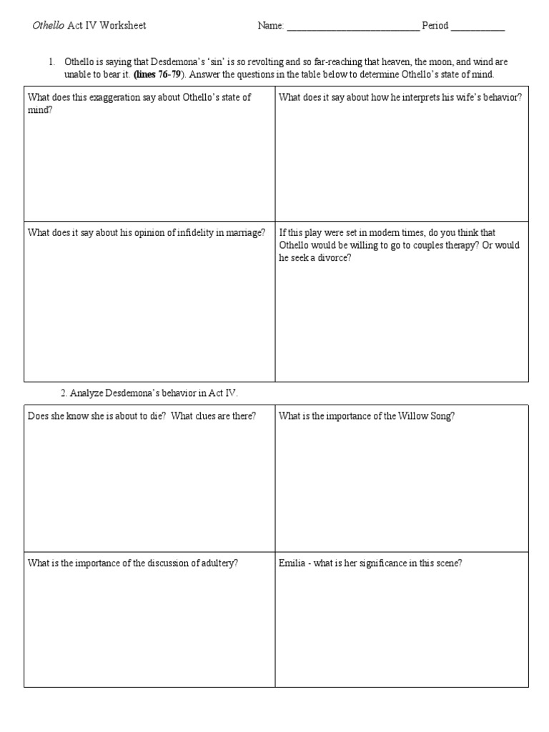 Othello Act IV Analysis Worksheet | PDF | Desdemona