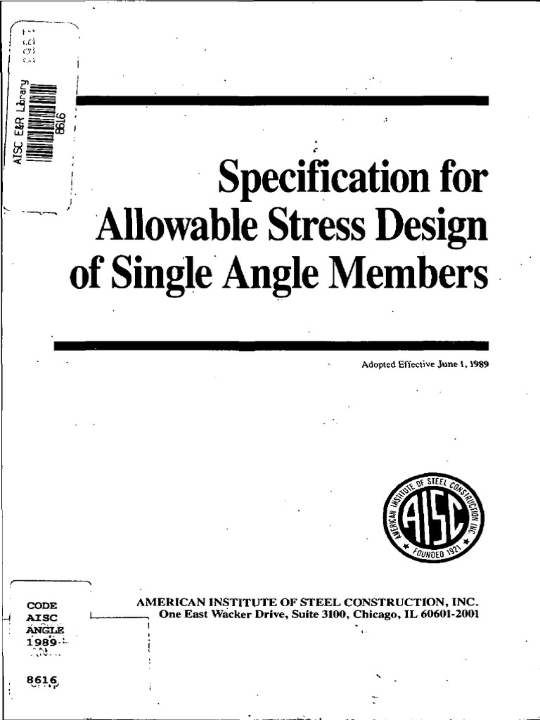 AISC 1989 Specification for Single Angles | PDF | Bending | Buckling