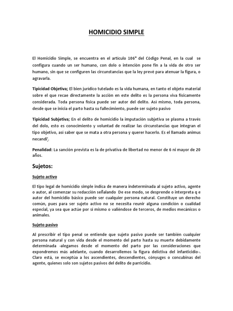 Análisis del delito de homicidio simple según el Código Penal | PDF
