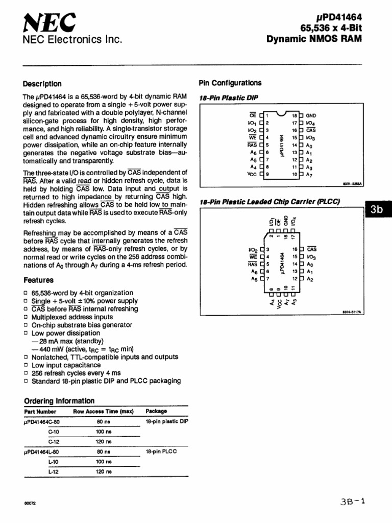 NEC D41464 64k X 4bit DRAM Data Sheet | PDF