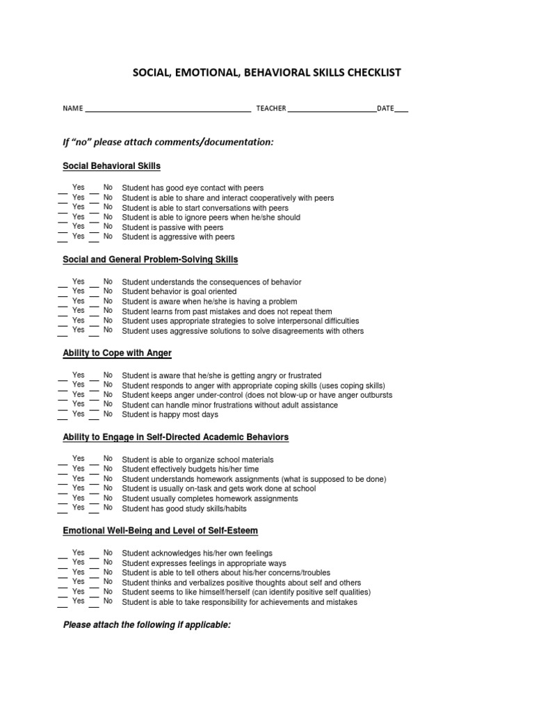Social Emotional Skills Assessment Checklist | PDF | Anger | Coping ...