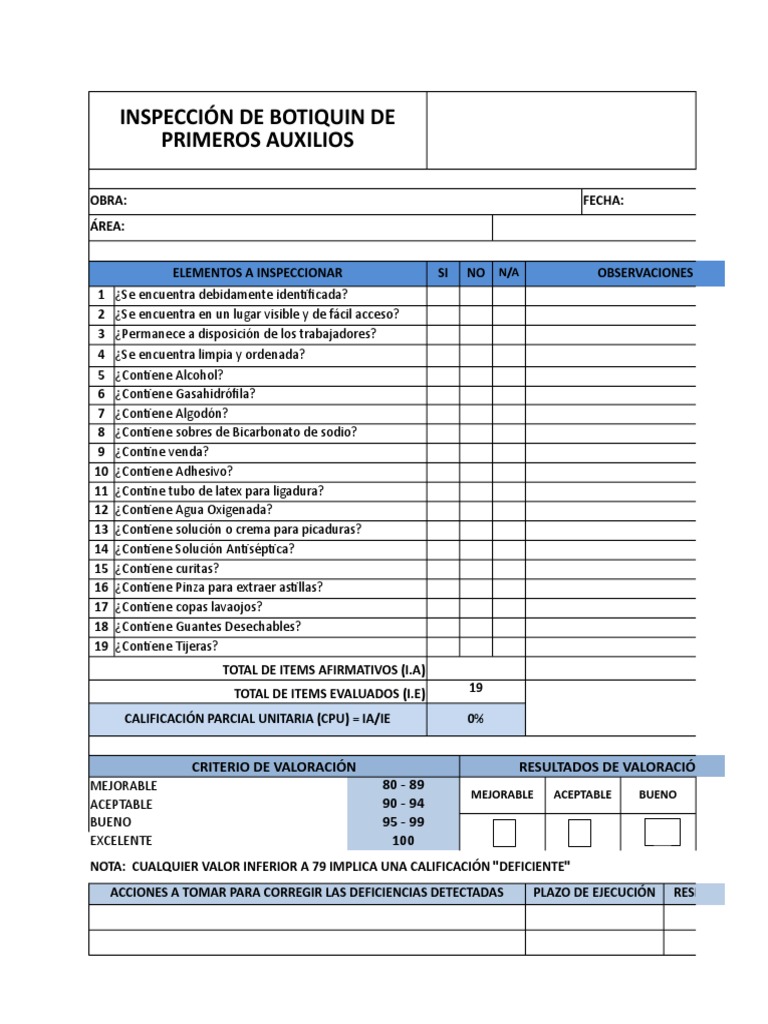 Lista De Verificación De Inspección Del Botiquín De Primeros Auxilios