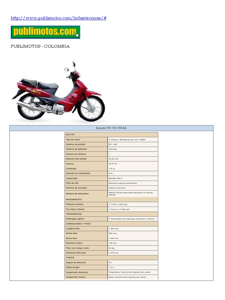Ficha Técnica Suzuki Vivax 115 | PDF | Vehículo de motor | Vehículos