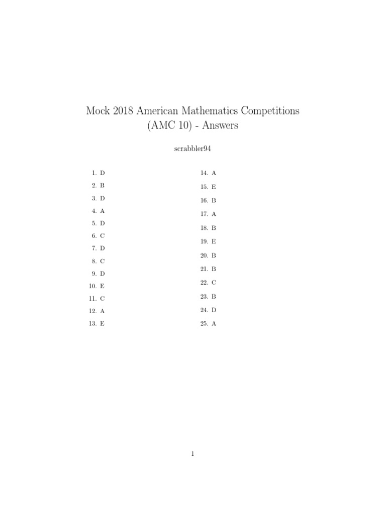 Mock 2018 American Mathematics Competitions (AMC 10) - Answers | PDF