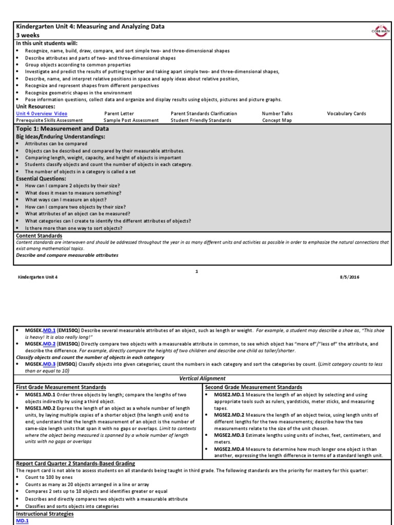 Grade K Unit 4 Outline Overview 2017 | PDF | Weight | Measurement