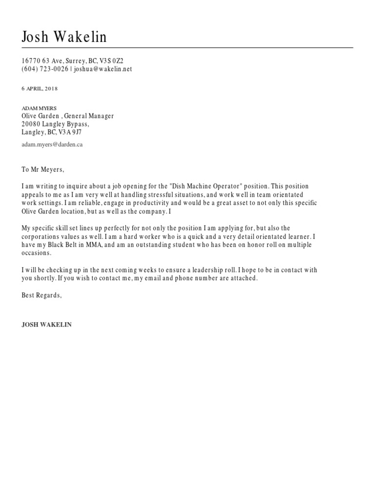 Josh Wakelin Cover Letter - Olive Garden | PDF