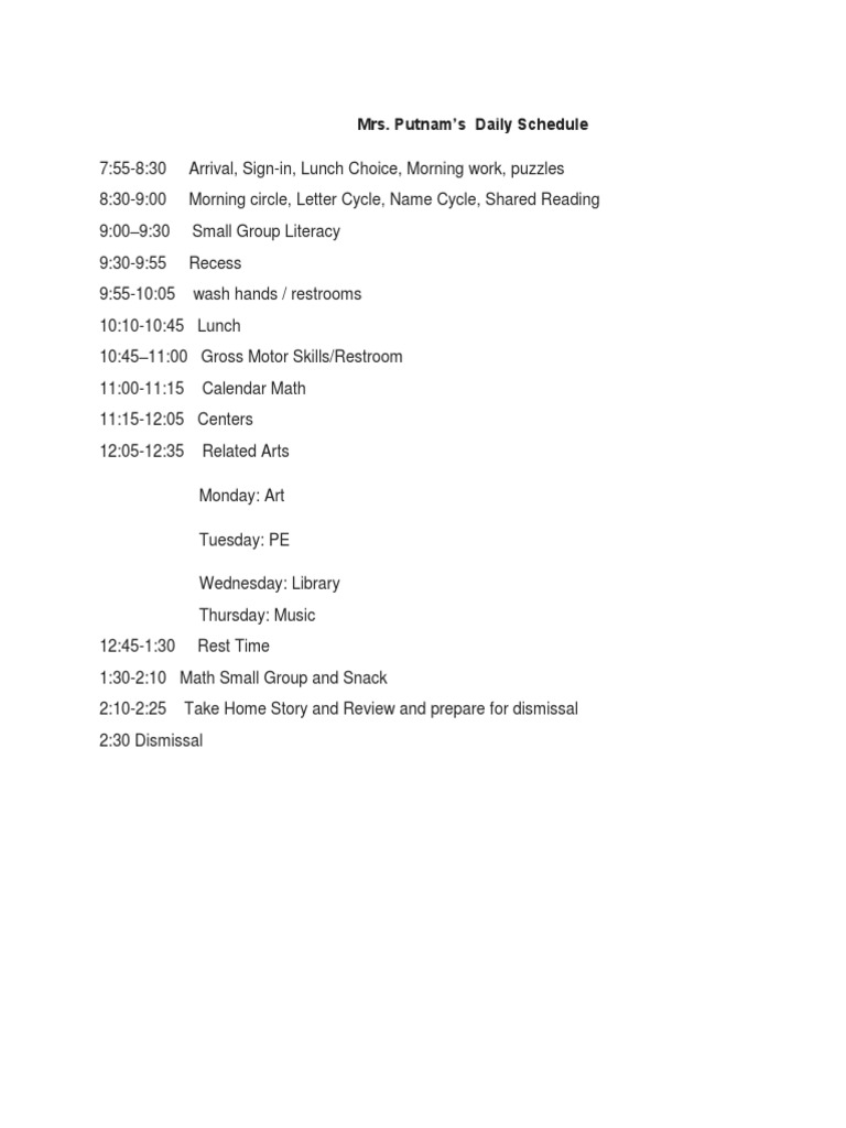 Mrs. Putnam's Daily Schedule | PDF
