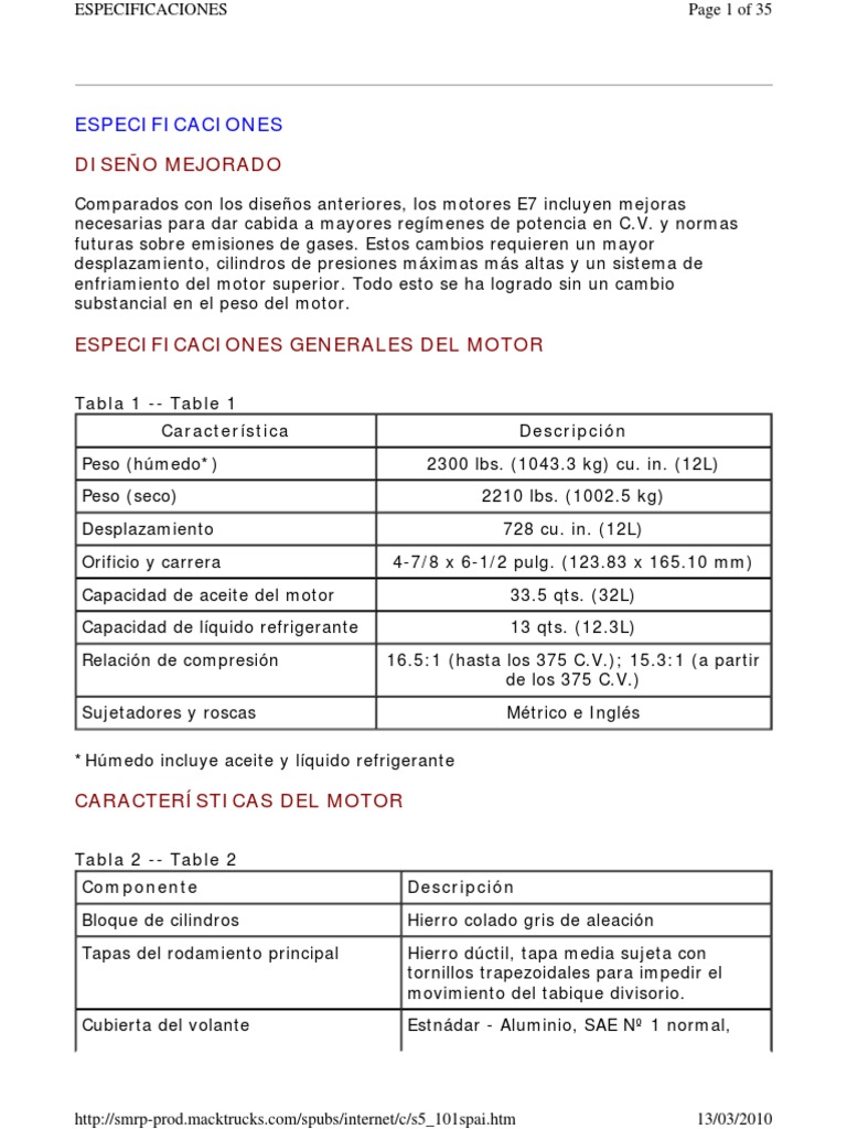 Especificaciones E7 Mack PDF | PDF | Pistón | Tornillo
