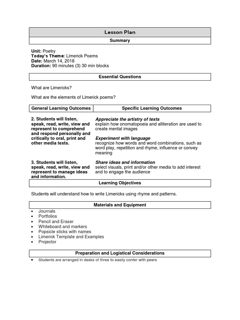 Ela Lesson Plan - March 14 | PDF | Poetry | Lesson Plan