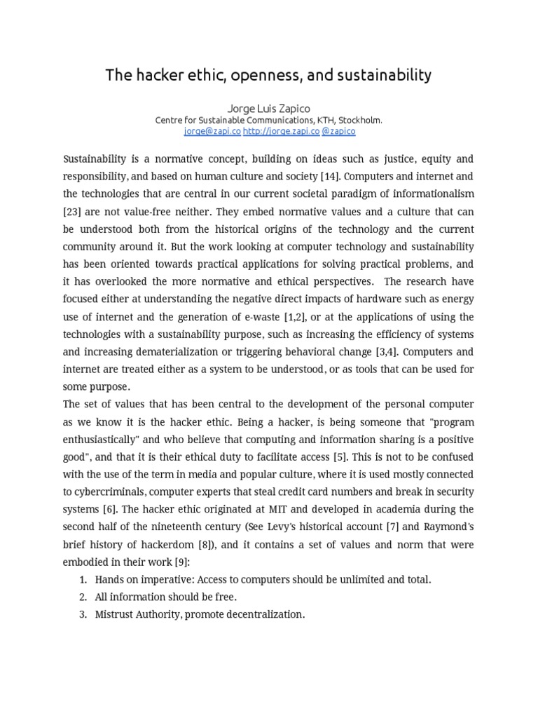 The Hacker Ethic, Openness, and Sustainability: Jorge Luis Zapico | PDF | Hacker Culture ...