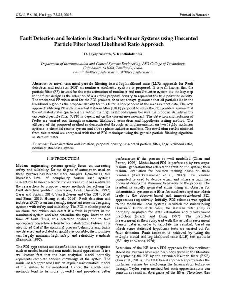Fault Detection and Isolation in Stochastic Nonlinear Systems Using Unscented Particle Filter ...