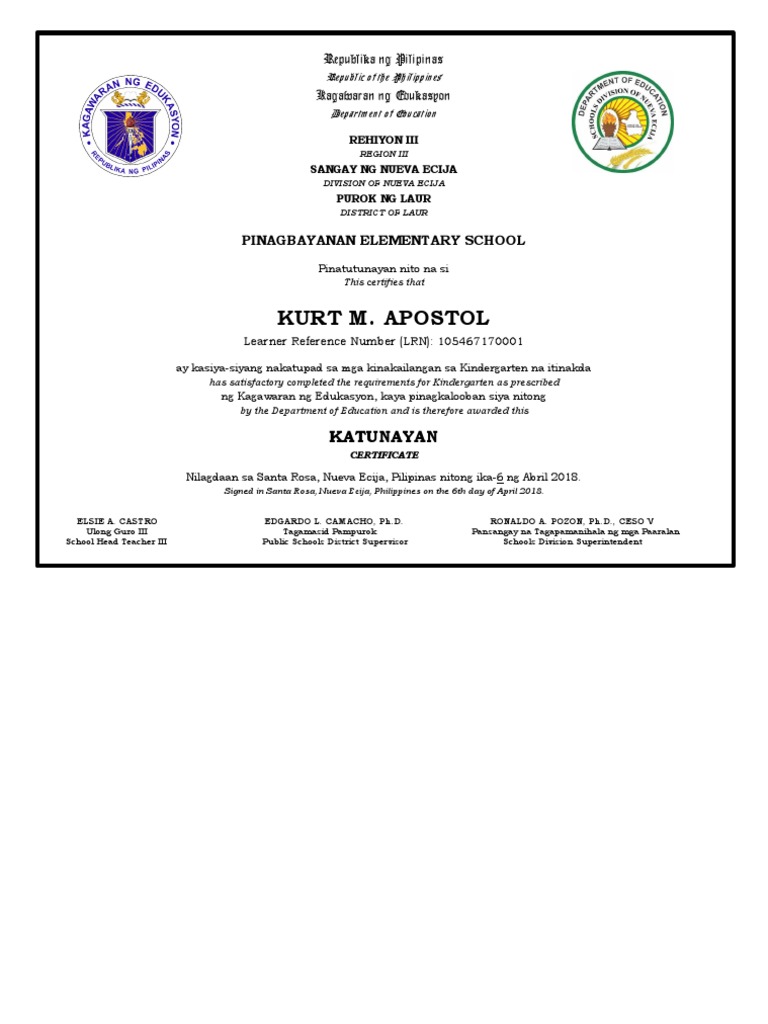 Katunayan Certificate for Kindergarten Completion | PDF