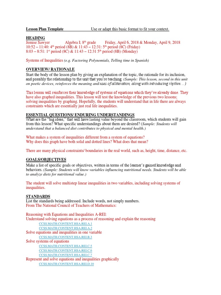 Alg 1 Systems of Inequalities Lesson Plan | PDF | Lesson Plan | Homework