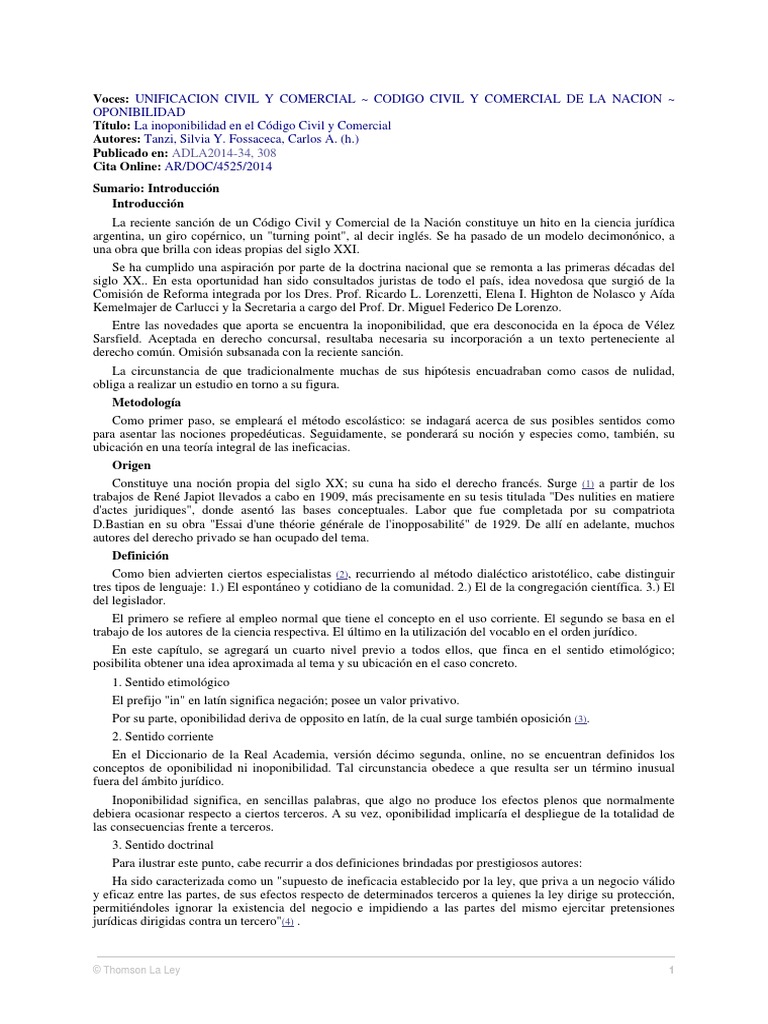 La Inoponibilidad en El Código Civil y Comercial | PDF | Pagos | Propiedad