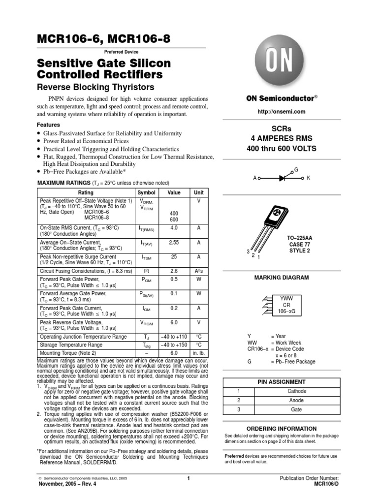 MCR106 6, MCR106 8 Sensitive Gate Silicon Controlled Rectifiers | PDF ...