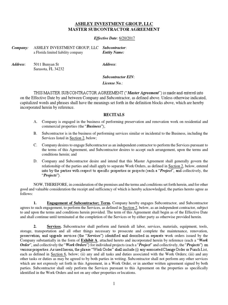 Master Subcontractor Agreement Template | PDF | Insurance | Indemnity