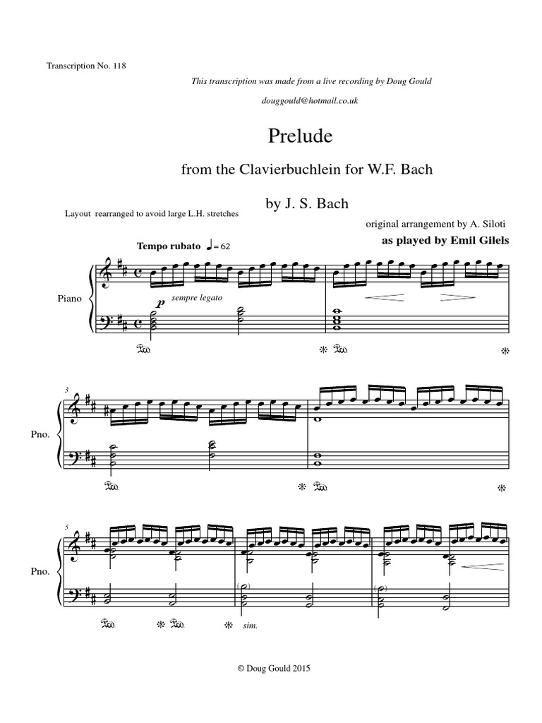 Prelude in B Minor (Layout Rearranged) Bach-Siloti As Played by Emil ...