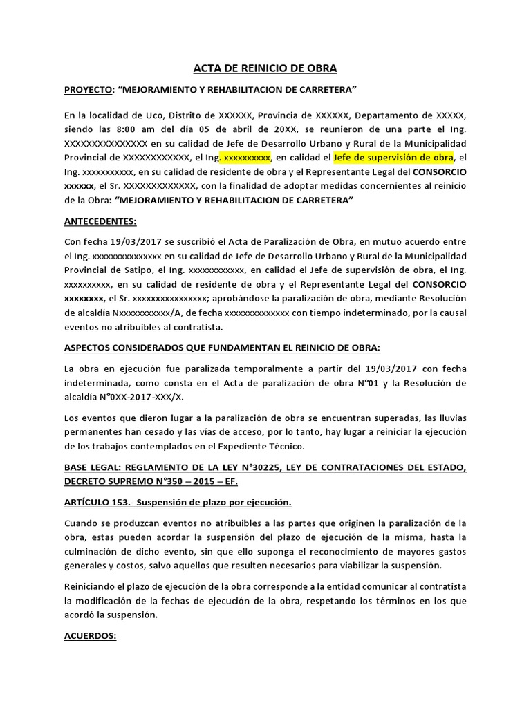 Acta de Reinicio de Obra Por Contrata | PDF | Gobierno